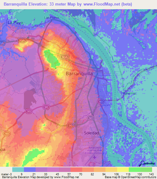 Elevation of Barranquilla,Colombia Elevation Map, Topography, Contour